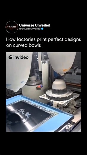 Universe unveiled on Instagram: "This machine uses pad printing, a technique designed to apply detailed artwork onto non-flat surfaces. The process begins with a metal or polymer plate engraved with a design and coated with a thin layer of ink. A soft silicone pad presses onto the plate, lifting the inked pattern with precision. The flexible pad then transfers the design onto the curved surface of a bowl, stretching and conforming without distortion. This allows every line and color to land exac