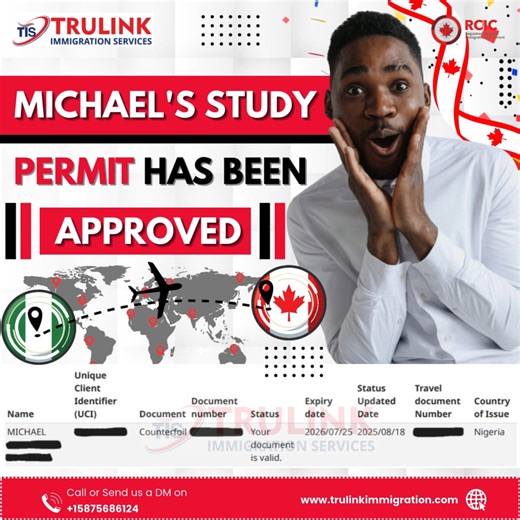 11 reactions | Michael’s study permit has just been approved! We’re so excited for him as he begins this new journey of studying and building a brighter future in Canada. Getting a study permit is not always easy, but with the right guidance and preparation, success is possible. If you’re planning to study in Canada and want expert support with your application, we’re here to help. Reach out today! WhatsApp: +1 587 568 6124 | Trulink Immigration Services | Facebook
