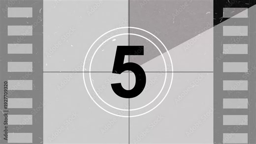 Vintage film countdown leader with number 10-0, aged textures, defocused film look, flicker, grain and scratches effect, classic reel markings for retro video overlays, 4K