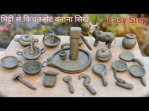 🍶DIY how to make polymer clay miniature handmade kitchen set, mini water handpump, kitchen set mitti