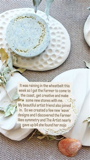 New stones heading off to the kiln for a bisque fire. Next step glaze. Thinking salt bush green, coastal whites and blue hues. @marisadyer__ is a large frame abstract oil painter. @desperate__farmer makes patterns in wheat fields but also dabbles in metal work. He's not short of a few bits and bobs in his shed. Together we smashed a few new designs out. Lots of restarts and throw downs. These are all part of journey to offer more sustainable skincare choices. They are a home to our salty loofahs