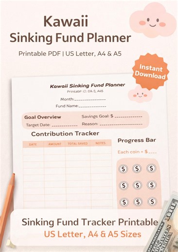 Kawaii Sinking Fund Planner Printable | Savings Tracker PDF | Budget Worksheet US Letter A4 A5 - Etsy