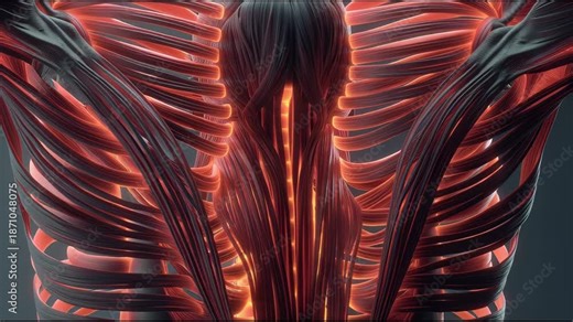 Detailed 3D Render of Human Neck and Upper Back Muscles with Illuminated Pain Areas.