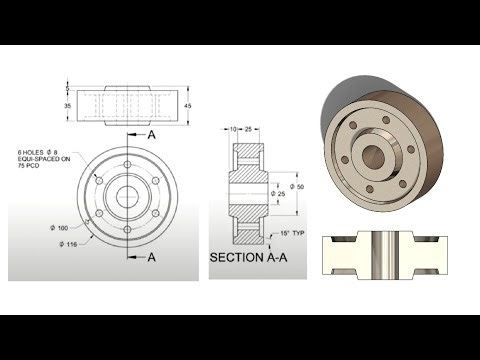 Solidworks tutorial Part Models, Flange Coupling Geometric Shape Features of Revolve and Extrude Cut