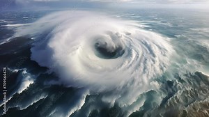 From above, a relentless cyclone churns and froths over the expansive ocean, showcasing natures raw power.