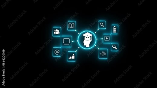Online Education Revolution: AI Learning, E-learning, & Digital Skills Development for a Smart Future. Motion graphics of Skills Development concept.