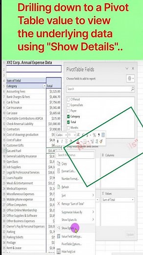 Pivot Tables:Drill Down into Specific Data Points: Using the "Show Detail" Feature in Ms Excel.