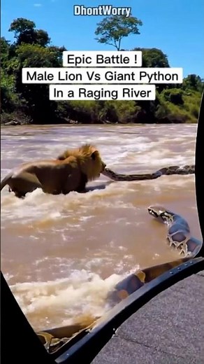 Epic Battle ! Male Lion Vs Giant PythonIn a Raging River.