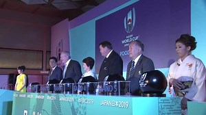Prime Minister Abe draws the first ball of the #RWC2019 pool draw on behalf of Japan (ラグビー日本代表) | Rugby World Cup