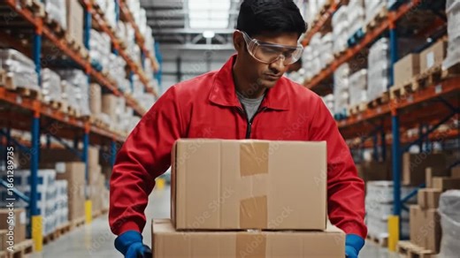 Warehouse worker carries packages between tall shelves in a distribution center