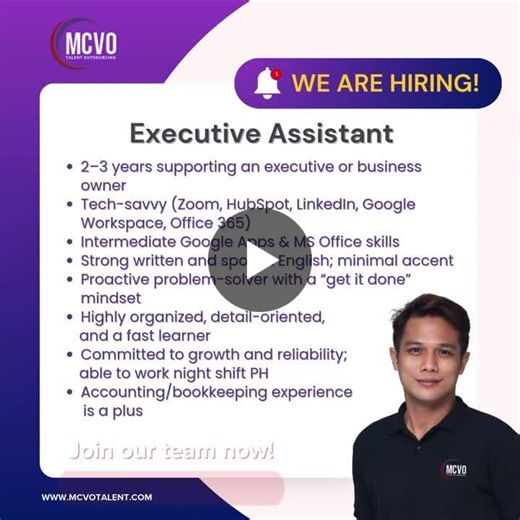 #executiveassistant #hiringnow #mcvotalent #remotejobsph #nightshiftjobs #workfromhomeph #careeropportunity #startupjobs #admincareers #virtualassistant | MCVO Talent Outsourcing Services