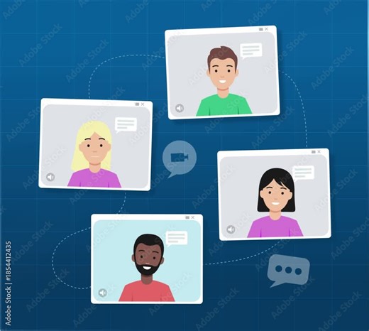 Animated 4 screens of diverse faces talking of People in a Virtual Meeting Grid