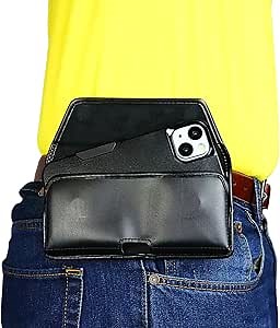 TurtleBack Leather Cell Phone Holster Pouch for iPhone 15/14 Plus Heavy Duty and Rugged, Metal Belt Clip Holder Otter Defender Case On Phone (Black Leather- Sideways), xx-large