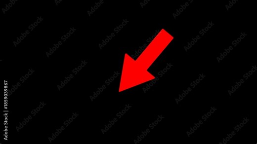 Red diagonal arrow animation pointing down left on transparent background. High quality 4K directional indicator for tutorials, call to action, presentations, navigation, overlays, and motion graphics
