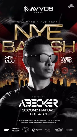 NEW YEAR’S EVE 2026 NYE BASH @ NAVVOS, DELHI Closing the year with a night driven by sound and scale. NYE Bash at Navvos is led by ABECKER, bringing his signature energy to the dancefloor, supported by Second Nature and DJ Sabbi for a full-spectrum journey through Afro, House, and Techno. Expect a high-impact night built for late hours, immersive grooves, and a proper New Year’s countdown. No shortcuts, no distractions. Just music, movement, and momentum into 2026. 📍 Navvos, Delhi 📅 31st Decem