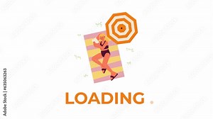 Reading book at beach 2D loading animation. Woman enjoying summer reading animated cartoon character 4K video loader motion graphic. Book vacation. Beach relaxation download, upload progress gif
