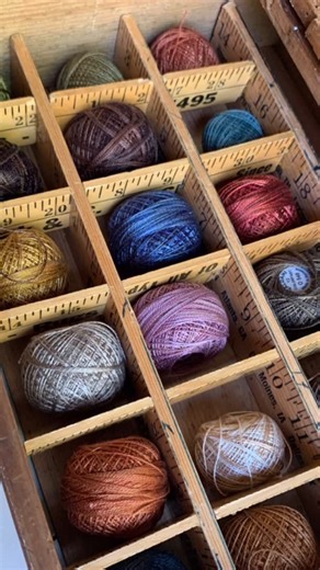 Hand Embroidery Kathy Schmitz on Instagram: "The colors of Valdani threads... Sigh I've been stitching with Valdani threads for years and the colors never disappoint. Years ago I found an antique wooden box I turned into a special home for my most used colors. I love stitching on Moda Mochi Linen ❤️ #valdanithreads #valdani #valdanithread #handembroidery #embroidery #kathyschmitz #valdani_threads #broderie #broider #pearlcotton #ricamo #bordado #Stickerei #broderi #"