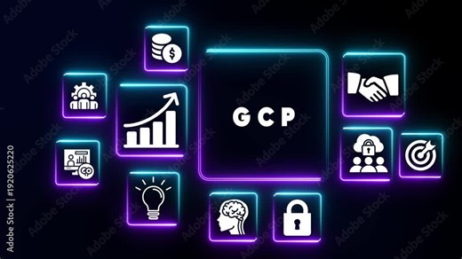 GCP Google Cloud Platform concept with glowing neon icons and dark background Keywords: GCP, Google Cloud Platform, cloud computing, technology, data, storage, network, server, internet