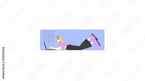 Blonde woman using laptop on purple frame 2D character animation. Internet technology cartoon 4K video, alpha channel. Caucasian female student at e lesson animated person on white background