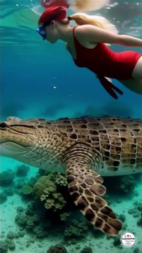 Young Beautiful Lady Swimming with the Deep Sea Massive Creatures _ AI Generated Video