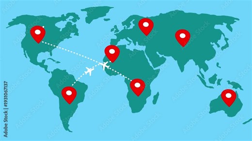 Global travel route map with location pins and airplane animation