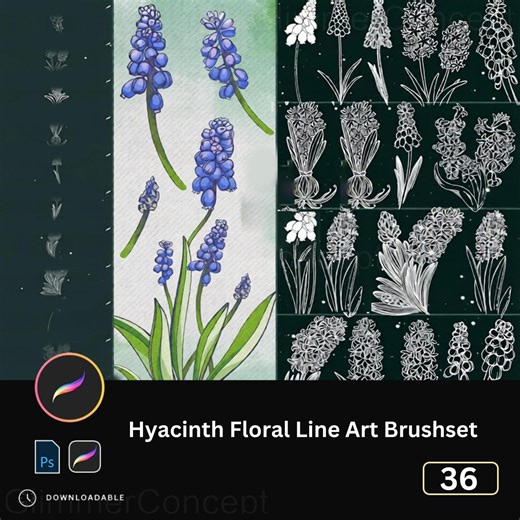 Hyacinth Flower Line Art Procreate PS Brushset: Hand Drawn Botanical Sketch, Floral Bloom Cluster & Garden Plant Stamps for Digital Art - Etsy