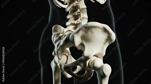 Human Anatomy: An intricate depiction of the pelvic region and spinal column unveils the inner framework, showcasing the delicate balance of the human form, rendered against a minimalist backdrop.