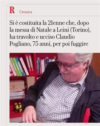 Anziano travolto da un'auto dopo la messa di Natale: si costituisce una ragazza di 21 anni