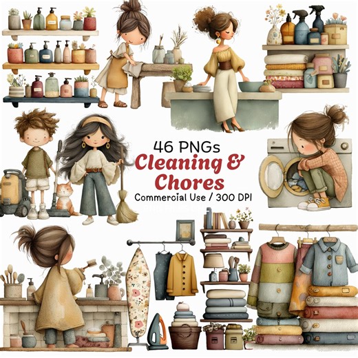 Home Cleaning Clipart: Watercolor Household Chores Graphics (digital Download - 46 Pngs, 300 DPI) - Etsy