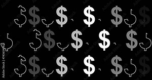 4K Dollar sign animating motion graphic overlay background for forex intraday trading stock market and cryptocurrency concept. Financial currency money banking growth payment system element in black.