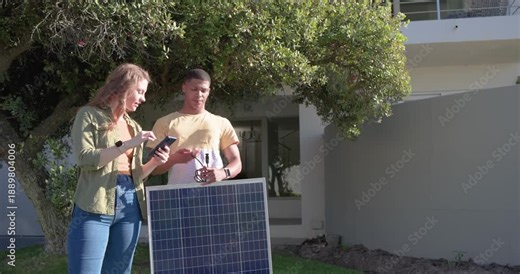 Female homeowner, male installer positioning solar panel on lawn, tapping phone, planning placement