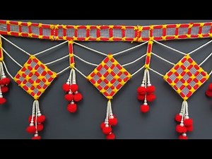 Handcrafted Grid Toran with Red PomPoms & Pearl Drops | Traditional Toran Design
