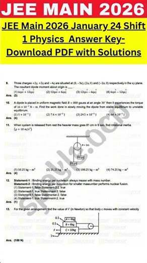 JEE Main 2026 January 24 Shift 1 Physics Answer Key- Download PDF with Solutions #jeemainanswerkey