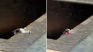 Shock moment bloodied man falls head-first into 9/11 reflection pool memorial