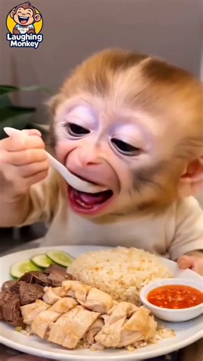 Baby Monkey Eats Chicken Rice For The First Time 🐵😃. So Delicious. #babymonkey #funny #monkeyfoodie