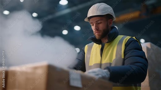 A worker in a frozen warehouse scanning barcodes on stacked pallets of frozen products, icy fog rising from the floor as automated lifts move in the background — cold-chain inventory management,