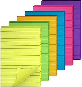 6 Pieces Sticky Notes Lined Self Sticky Notes Lined Colorful Lined Post Memos for Office, School and Home, 50 Sheets (Bright Neon Colors, 4 x 6 Inch)