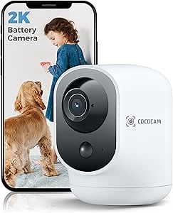 COCOCAM 2K Indoor Pan/Tilt Security Camera with 5200mAh Battery, WiFi Camera,Wireless for Baby Monitor/Pet/Home Security, AI Recognition, PIR Human Detection, 2.4G WiFi (White)