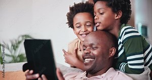 Black family, tablet for video call and a father with his kids on a sofa in the living room of their home. Smile, virtual chatting or app with a boy, brother and father in their apartment together