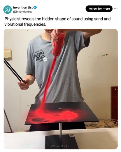 This is known as a Chladni Plate experiment. By drawing a bow across the metal plate, specific frequencies cause the metal to vibrate. The sand naturally moves away from the vibrating areas and settles in the "nodes" (the places that are still), creating perfect geometric patterns. Is this physics or black magic? Let us know! 👇 #Physics #ScienceIsCool #ChladniPlate #Cymatics #Satisfying #MindBlown #Soun | Inventionlist