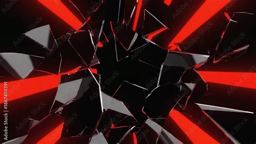 Intense red light refracting and bending through a shattered mirror, captured with a smooth dolly camera movement Dynamic reflections and shifting light patterns create refractive motion, 4K