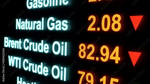 Commodity trading, screen with rising or falling Brent Crude Oil, Natural Gas and Heating Oil price. Stock market and exchange energy commodities and price changes. Business, finance and investment.