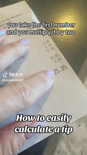 This is the best and easiest way to learn how to calculate a tip on any bill, you just take the first number and multiply it by two and the second number you add a dollar if it’s five or more… There’s only works on two digit numbers, if your bill is $100 or more, it’s a different method. #tipping #tip #foryou #advice