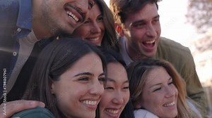 Group diverse young happy people excited and having fun together outdoor. Millennial friends sharing joyful moment during leisure sunny travel event. Concept of friendship and vacations