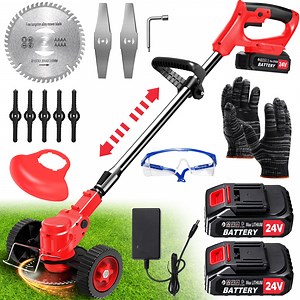 TNTANTS Electric Weed Wacker, Cordless String Trimmer with Wheels, 2Pcs 24V Batteries, 3 Types of Blades, Adjustable Length, Weed Eater Grass Trimmer/Edger/Brush Cutter for Lawn Yard Garden (Red)
