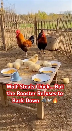 A wolf climbs the table to grab a chick—but the rooster fights back!