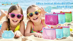 3Pcs Personalized Kids Beach Shell Bag, Initial Seashell Mesh Zipper Beach Pouch, Shell Collecting Bag for Holding Shells with Adjustable Straps, Sand Toys Swim Pouch Gift for Girl Boy Teens(Letter C)