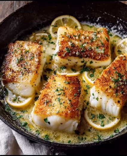 Lemon Garlic Butter Cod with Crispy Skin recipe — simple, elegant, and packed with flavor 🍋🧄🐟 ⸻ 🍋 Lemon Garlic Butter Cod with Crispy Skin ⏱ Time 20 minutes 🍽 Serves 2 ⸻ 🧾 Ingredients • 2 cod fillets (skin-on, about 180–200 g each) • Salt & freshly ground black pepper • 1 tbsp olive oil • 2 tbsp unsalted butter • 3 cloves garlic, finely minced • Zest of ½ lemon • Juice of ½ lemon • 1 tbsp fresh parsley, finely chopped • Optional: pinch of chili flakes ⸻ 👨‍🍳 Instructions 1️⃣ Prepare the C