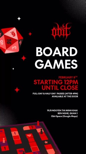 🎲 Board Game Event in District 1! 🎲 We’re hosting a board game event in District 1 at Obit Space on February 8th, starting from 12PM until close 🕛 🌟 Come hang out, play games, meet new people, and vibe with us all day. 🎟 Half-day: 100k 🎟 Full-day: 150k 📍 Obit Space - 19/8 Nguyễn Thị Minh Khai, Bến Nghé, Quận 1 #saigon #saigonevent #saigonlife #saigonvibes #boardgamesaigon boardgamevn gamebanbe choisaigon cuoituan henhobansaigon 🗺 GG Map: https://maps.app.goo.gl/GNYD3FjcBtHhWKCRA?g_st=ic 