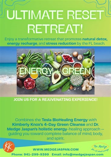Holistic Healing & Wellness Center - LBK, FL Tesla BioHealing on Instagram: "🌿 Escape. Detox. Renew. 🌿 The Energy + Green Retreat with Kimberly Knox & Dr. Medge Jaspan is officially open for reservations — a transformational 4-day Tesla BioHealing regenerative experience on Longboat Key in beautiful Sarasota, Florida. If your body has been asking for rest, clarity, and a full reset, this is your moment. Step into a peaceful, biophoton-rich environment that supports deep healing from the inside